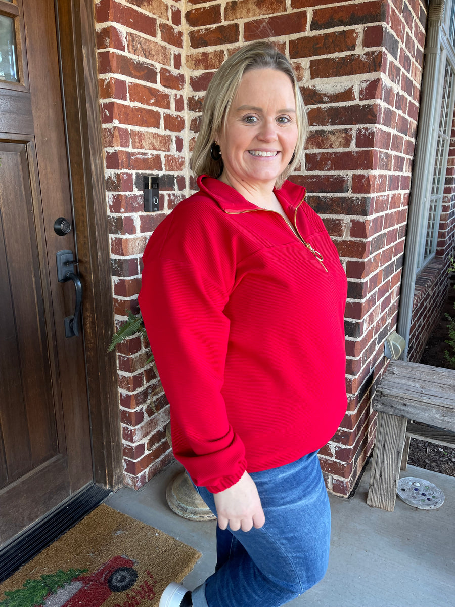 Levi Ribbed Quarter Zip Pullover - Red – The Daisy Lou Boutique
